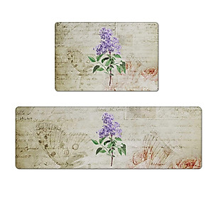 Kitchen Rug Set 2 Piece, Lilac Kitchen Floor Mats Waterproof & Non-Slip PVC Leather Anti Fatigue Comfort Standing Mat Washable Kitchen Rugs Runner, Purple Flowers on Vintage Background Rustic Floral