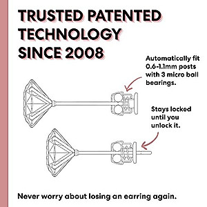 Most Secure Earring Back by Chrysmela Platinum Patented technology automatically fit and lock all types of earring posts Replace screw backs, La Pousset, butterfly backs