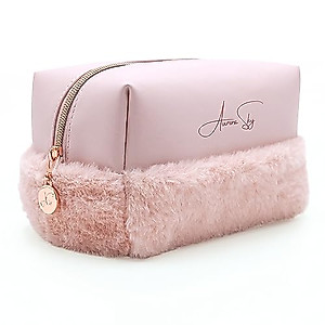 Aurora Sky Fluffy Bottom Makeup Bag Organizer – Portable Toiletry Travel Case – Cute Cosmetic Bag for Woman & Girls – Waterproof Soft Vegan Leather Pouch – Medium Size Storage (Pink)