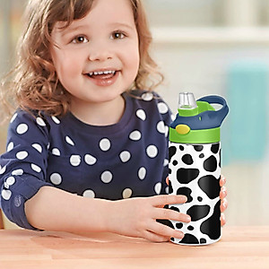 Black & White Cow Print Kids Water Bottle, BPA-Free Vacuum Insulated Stainless Steel Water Bottle with Straw Lid Double Walled Leakproof Flask for Girls Boys Toddlers, 12Oz