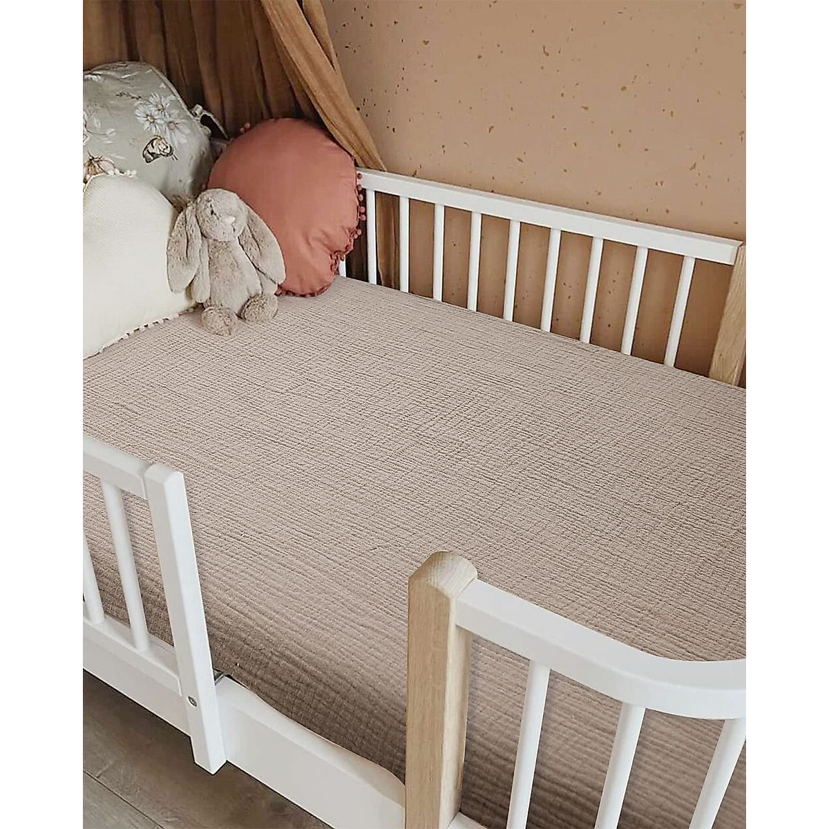 Crib Sheets for Boys Girl, Fitted Baby Toddler Bed Sheets 28" x 52", Neutral Muslin Cotton Crib Mattress Sheet with Boho Style, Soft and Breathable Comfort (Beige)