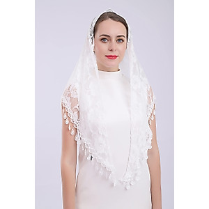 Cilkus Lace veil Mantilla veil Shawl or Scarf Latin Mass Head Cover with Fringed lace (White)