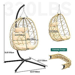 YITAHOME Hanging Egg Chair with Stand Swing Chair Wicker Indoor Outdoor Hammock Egg Chair with Cushions 330lbs for Patio, Bedroom, Garden and Balcony, Beige