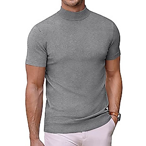COOFANDY Mens Grey Mock Turtleneck Tops Short Sleeve Knitted T-Shirts Basic Thermal Pullover Sweater X-Large