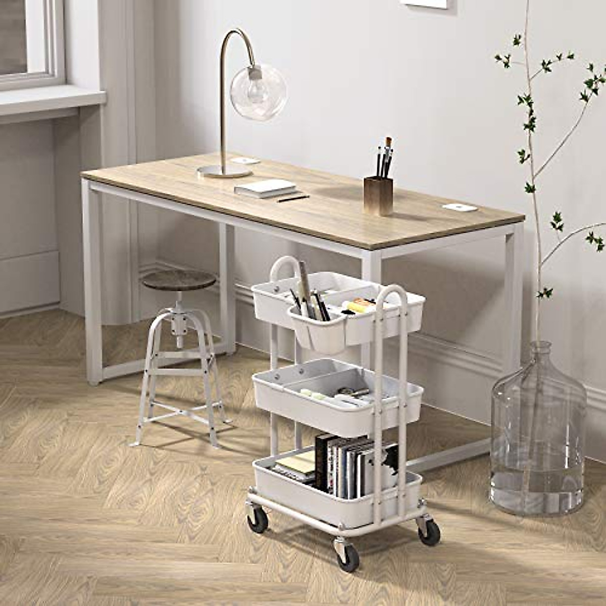 Simple Houseware 3-Tier Kitchen Cart Multifunctional Rolling Utility Cart with 2 dividers and Hanging Bucket, White