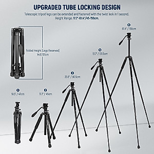 NEEWER 61.4" Video Travel Tripod with +/-10° Leveling Base Fluid Head (⌀37mm), Compact Metal Camera Tripod Stand with Quick Release Reversible Legs & Detachable Center Column, Arca Plate, TP61