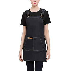 Denim Cross-Back Chef Bib Apron with Pockets for Men and Women (Black)