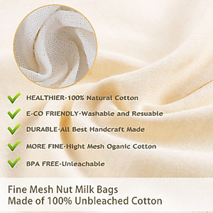Nut Milk Bag Cloth Strainer for Food, 3 Pack 12" (2 of 12"X12" + 1 of 10") Organic Reusable Kitchen Premium Fine Mesh Cheesecloth, Sprouting, Juicing