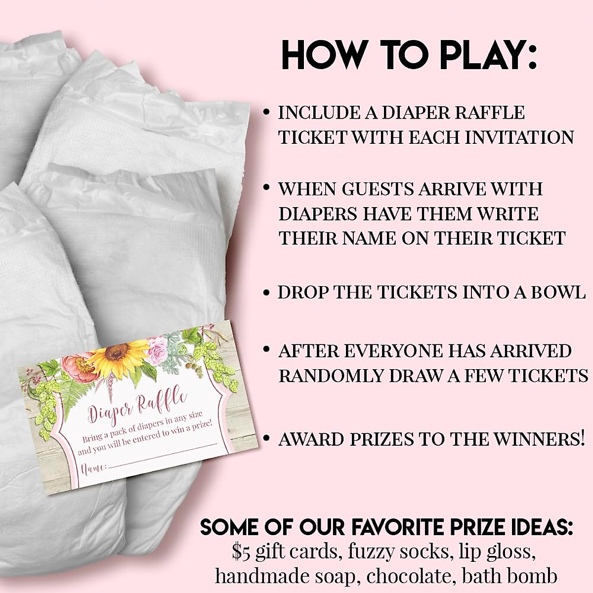 Amanda Creation Watercolor Sunflower, Dahlia, & Peony Floral Diaper Raffle Tickets for Baby Showers, 20 2" X 3” Double Sided Inserts, Bring a Pack of Diapers to Win Favors & Prizes!
