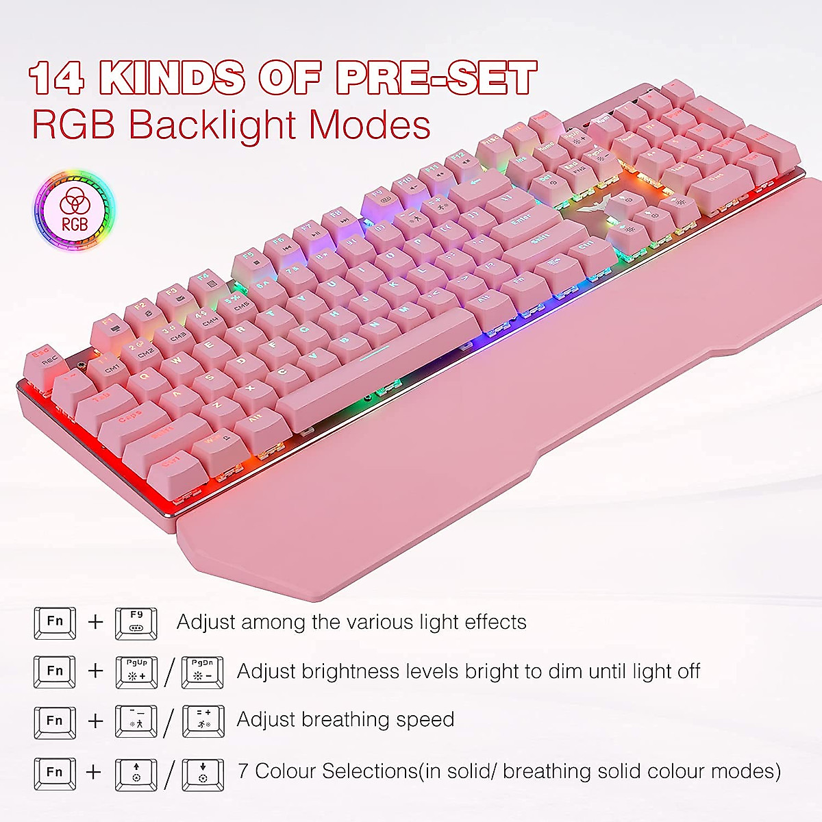 Havit Mechanical Keyboard and Mouse Combo RGB Gaming 104 Keys Blue Switches Wired USB Keyboards with Detachable Wrist Rest, Programmable Gaming Mouse for PC Gamer Computer Desktop (Pink) (Renewed)