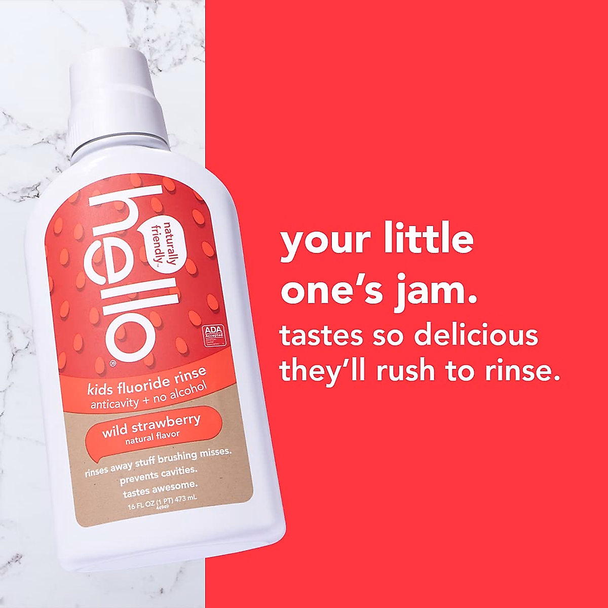 Hello Kids Wild Strawberry Natural Flavor Anticavity Fluoride Rinse - Vegan, Alcohol Free, and SLS Free Mouthwash for Children Age 2 and Up - 16 Ounce (Pack of 3)