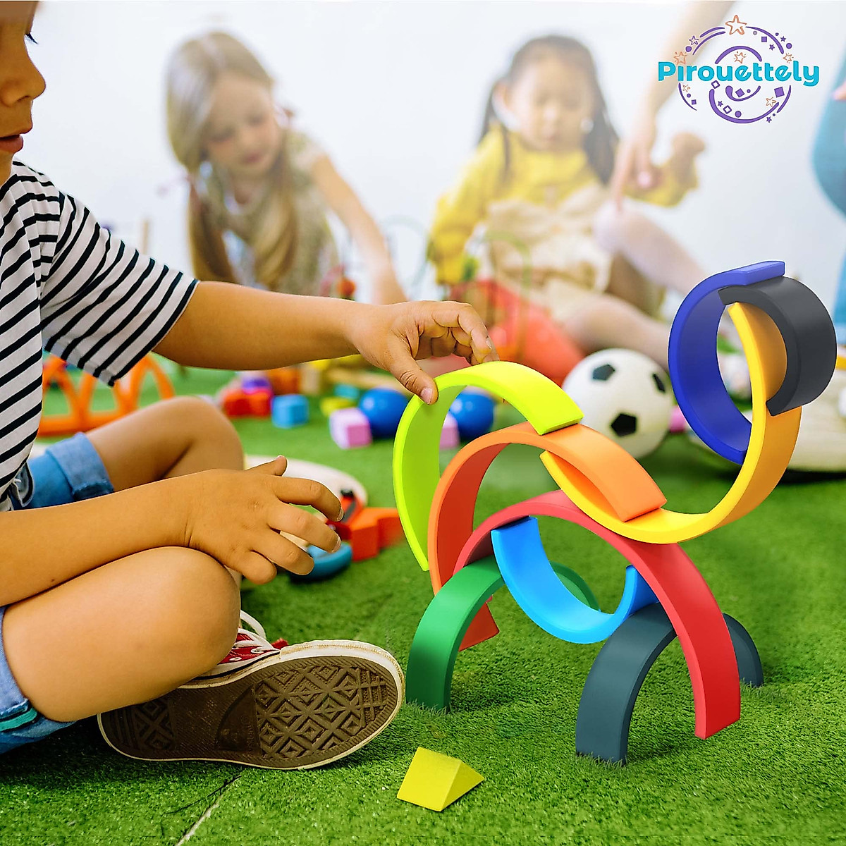 Wooden Rainbow Stacking Toy - Montessori Toys for 3+ Year Old - Rainbow Stacker Grimms Extra Large for Kids 2 3 4 5 Boys and Girls - 12 Pieces