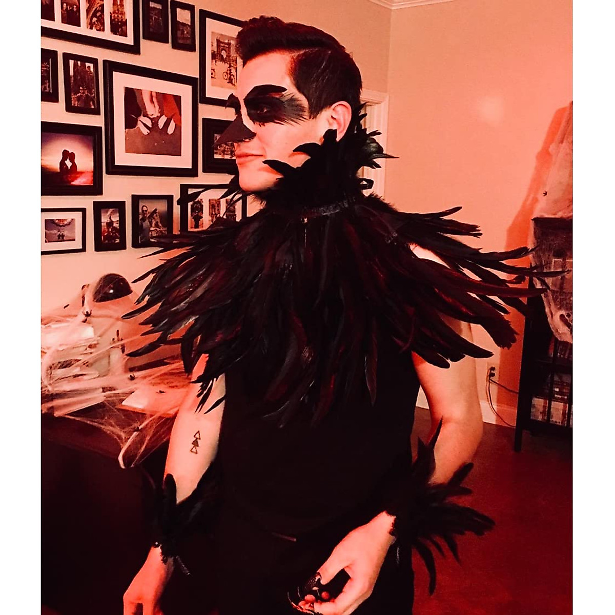 L'VOW Black Feather Shrug Cape Raven Crow Shawl Collar Maleficent Halloween Black Swan Costumes for Women(Black003)