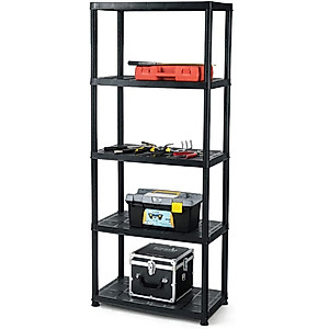 LDAILY 5 Tier Plastic Storage Shelves, Easy to Assemble Garage Rack, Multi-Use Free Standing Shelf Unit, Heavy Duty Shelving for Home Office, Black (1, 33.5“L X 16”W X 73“H)