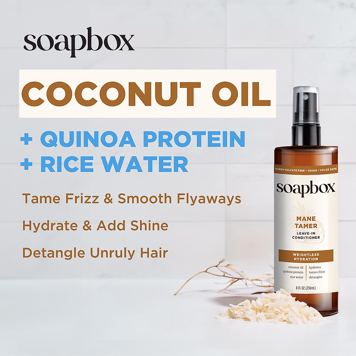 Soapbox Leave-In Conditioner, Mane Tamer, Leave in Conditioner Spray to Tame Frizz, Smooth Fly Aways, Hydrate, Add Shine & Detangle Dry, Damaged Hair, Paraben Free, Vegan, 8oz