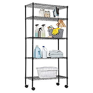 Dlewmsyic Wire Shelving with Wheels, 5 Layer 750 Lbs Capacity 60" Hx30 Lx14 W Metal Storage Shelf, Black