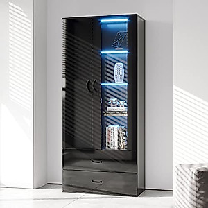 Goujxcy Tall Display Cabinet with Led Lights, Modern LED Display Cabinet LED Bookcase with Glass Shelf, Home Office Freestanding Curio Cabinet Display Rack Showcase Book Shelf for Home (C, Black)