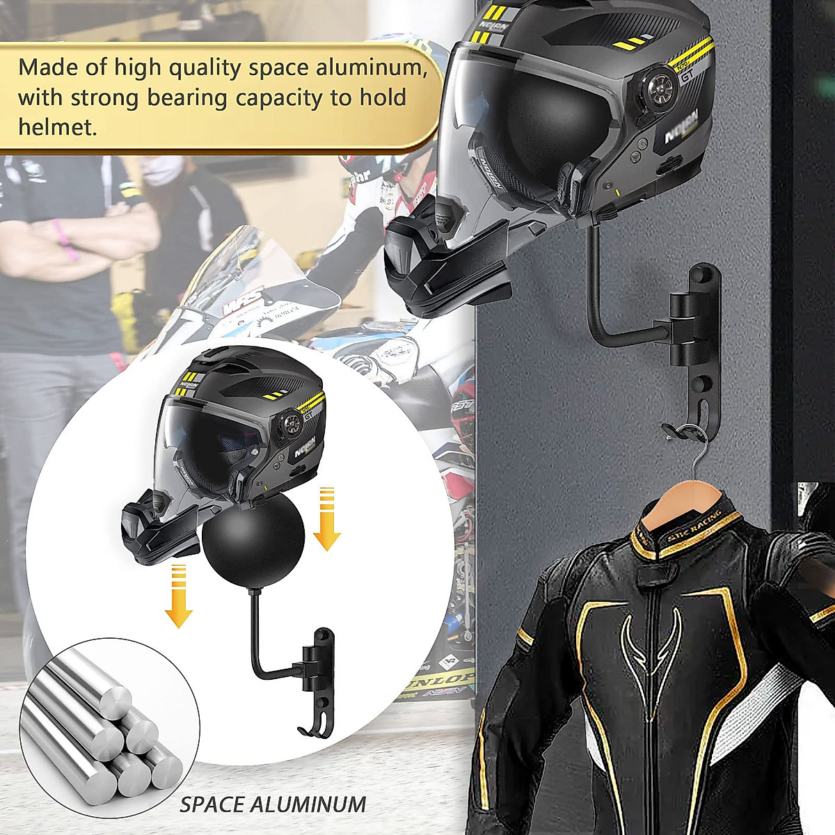 Motorcycle Helmet Rack Wall Mount 180 Degree Rotation Metal Bike Helmet Holder Mount Bicycle Helmet Display Hanger Stand with 2 Hooks for Motorcycle Bike Baseball Rugby Helmet - Black, 1 Pcs