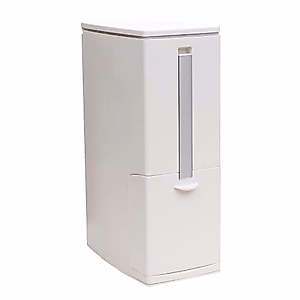 Cq acrylic Slim Plastic Trash Can with Press Top Lids for Bathroom,2.1 Gallon Garbage Can with Toilet Brush Holder,Waste Bin Between Wall & Toilet Dogproof Slim Rectangular Trash Bin for Toilet White