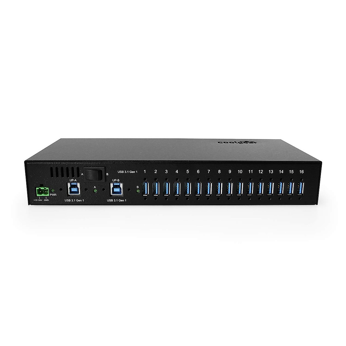 16 Port USB 3.2 Hub with Dual Upstream Ports, Surge Protection, Screw Lock, Rack & DIN Rail Mounting