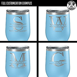 Personalized 12oz (17 Colors) Powder Coated Stainless Steel Stemless Wine Tumbler with Lid, Custom Etched, Customized Gift for Women Her, Wine Lover, Halpert Monogram Initial Name (Light Blue)