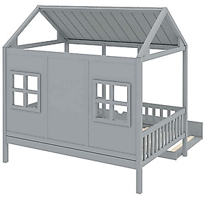 Harper & Bright Designs Full House Bed with Trundle, Wood Kids Trunlde Bed Full with Rails,Windows and Roof,Full Bed Frames with Trundle Playhouse Bed Frame for Girls Boys (Full,Grey)