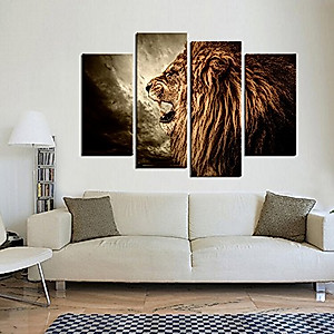 Kreative Arts - 4 Panel Wall Art Lion Painting Print On Canvas Animal Pictures For Home Decor Decoration Gift Piece Stretched By Wooden Frame Ready To Hang