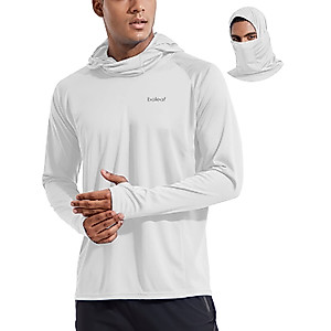 BALEAF Mens Shirt, Sun Protection Hoodie UPF 50+ UV SPF T-Shirts with Mask Rash Guard Fishing Lightweight, 03-White, Large, Long Sleeve