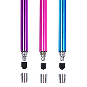 The Friendly Swede Extra Long Stylus Pen for Touchscreen — Set of 3 Thin-Tip High Precision Capacitive 7.3" Stylus Pens; Incl. Elastic Lanyards, 3 Replaceable Tips & Cleaning Cloth - Pink/Purple/Blue