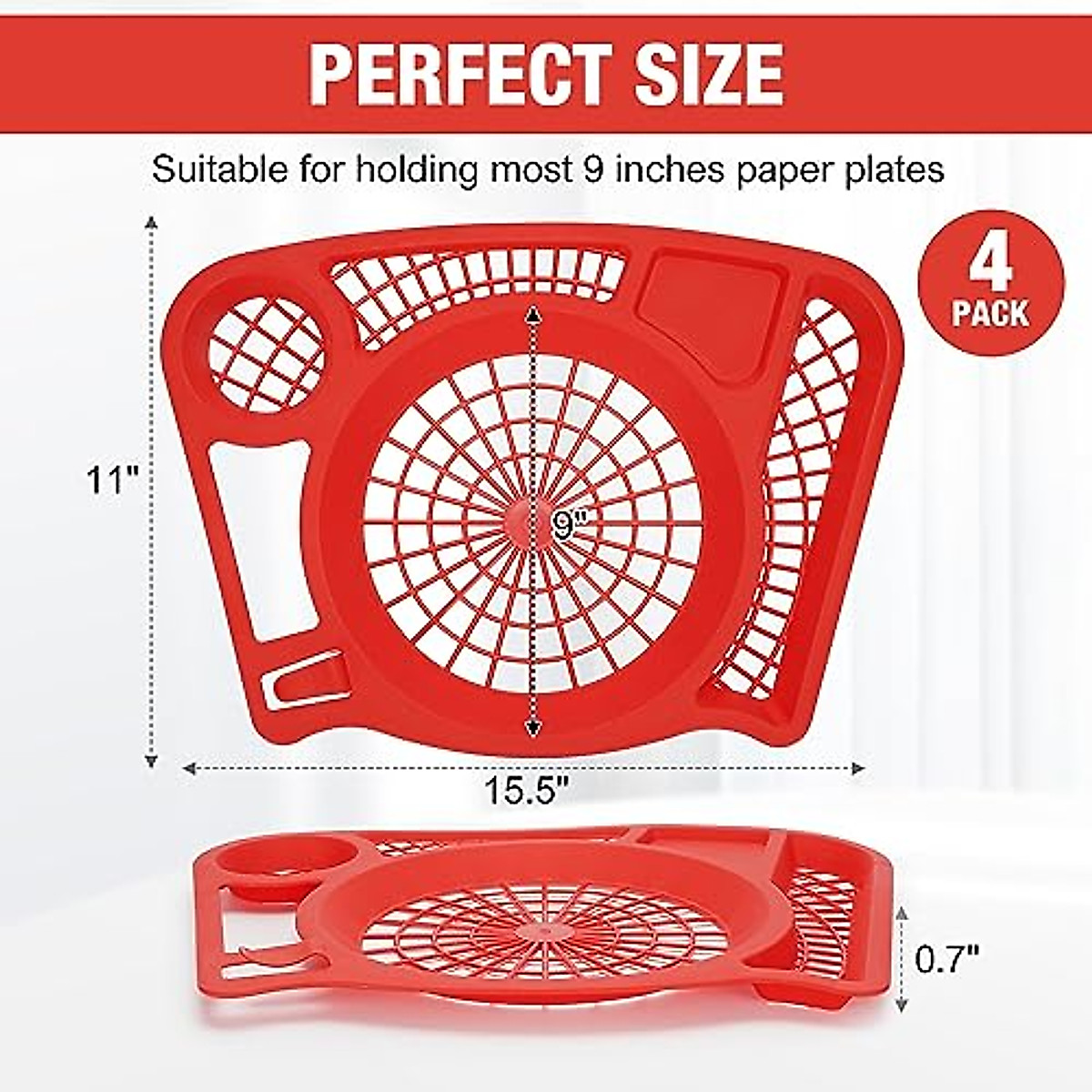 STBoo Paper Plate Holders Reusable - Plastic Plates Holder Heavy Duty | Picnic Tray Reusable Set Dishwasher Safe | Paper Plate Dispenser for 4th of July, BBQ's, Parties,Camping (4 Set-Red)