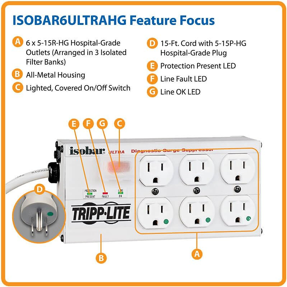 Tripp Lite Hospital-Grade Isobar 6-Outlet Surge Protector Power Strip, 15ft Cord, 3300 Joules Protection, Right Angle Plug, UL 1363, Not for Patient Care Vicinities, (ISOBAR6ULTRAHG)