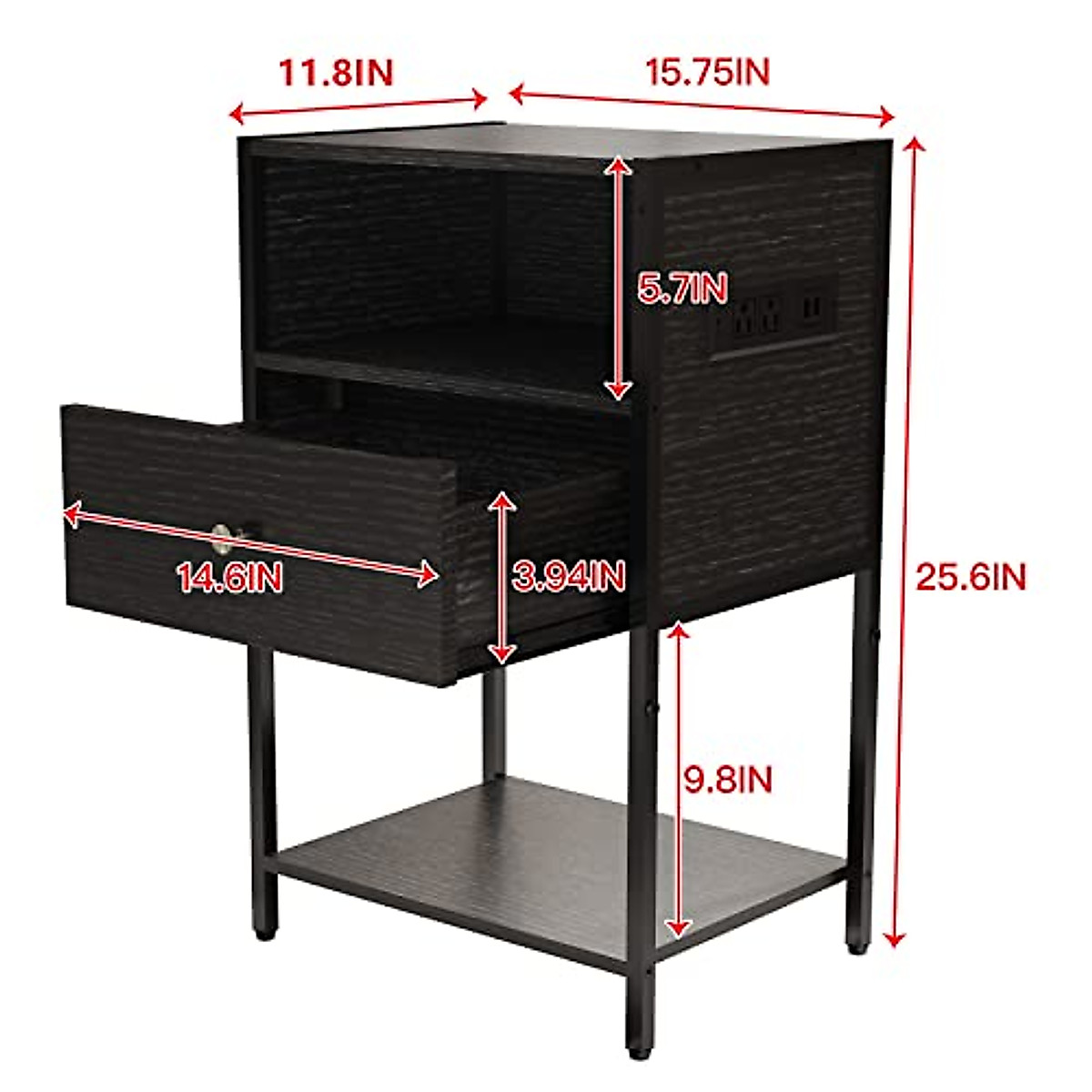 LDTTCUK Nightstand with Charging Station, Modern End Table with Drawer, Bedside Table with Open Storage for Bedroom,Black