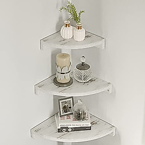 OROPY 3 Tier Radial Corner Shelves for Wall, Solid Wood Floating Corner Storage Shelves Rustic White - Ideal for Display of Books, Small Plant, Photos, Wall Décor (One Set of 3)