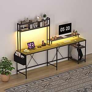 ElectraSpeedy L Shaped Gaming Desk, Reversible Corner Desk with Hutch, Power Outlets, LED Strip, Monitor Stand, Storage Shelves, and Side Storage Bag for Home Office (Grey)