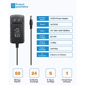 ALITOVE 24V 1A 24W DC Power Supply Adapter 100~240V AC to DC 24 Volt 1 Amp Converter 24 vdc 1000mA 800mA 600mA 400mA 200mA with 5.5mm x 2.5mm 2.1mm Plug for LED Strip Light CCTV Camera DC Pump
