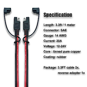 Ihurllu SAE Extension Cable, 3.3Feet SAE to SAE Extension Cord, 14AWG 2pin Quick Disconnect Harness Wire for Solar Panel and Battery Charging, 2PACK with One Reverse Polarity Connector