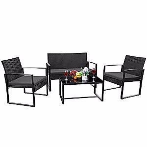 JUMMICO 4 Piece Patio Set Outdoor Rattan Chairs with Cushion & Table Metal Bistro Conversation Sets Modern Porch Furniture for Garden, Balcony, Poolside (Black)