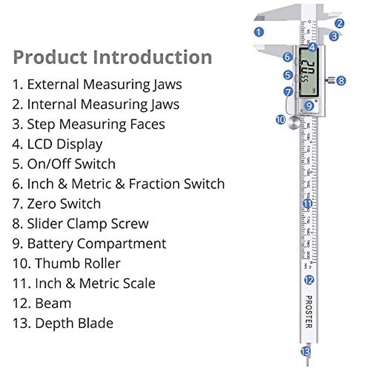 Proster Digital Vernier Caliper 8inch 200mm - Stainless Steel Electronic Caliper Fractions/Inch/Metric Caliper Measuring Tool for Length Width Depth Inner Diameter Outer Diameter