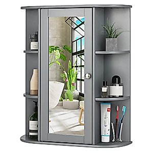 COSTWAY Wall Mounted Bathroom Cabinet - Storage Organizer with Mirror Door, Adjustable Shelves & 6 Open Racks, Space-Saving Hanging Medicine Cabinet for Living Room Kitchen Entryway (Gray)