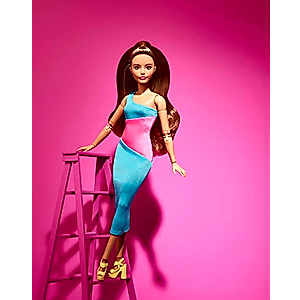 Barbie Looks Doll with Brown Hair Dressed in One-Shoulder Pink and Blue Midi Dress, Posable Made to Move Body Small