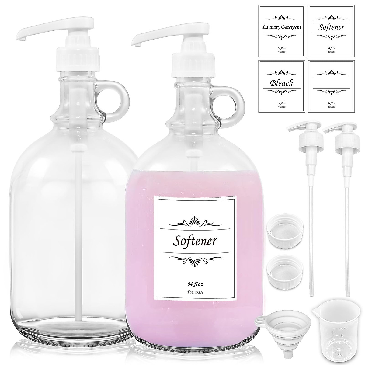 2 Pack Laundry Detergent Dispenser with Pump and Lid, 64 Oz Glass Bottles for Laundry Room Organization and Storage, Fabric Softener Dispenser for Washer