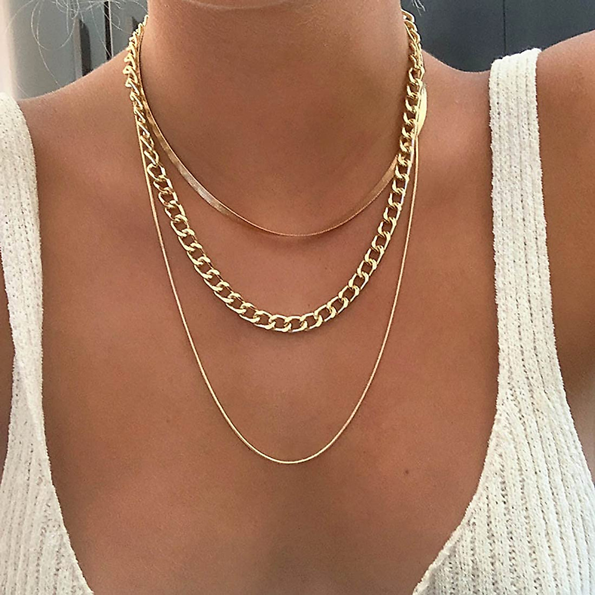 Tayel Fashion Layered Snake Chain Choker Necklaces Gold Thick Chunky Hexagon Circle Necklace Jewelry Adjustable for Women and Girls