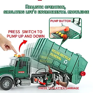 ANJARU 15" Garbage Truck Toy,Dump Friction Powered Waste Management Recycling Trash Truck with Lights &Sounds,3 Trash Can Lifter Gifts Toddler Toys for 3 + (Garbage Truck)