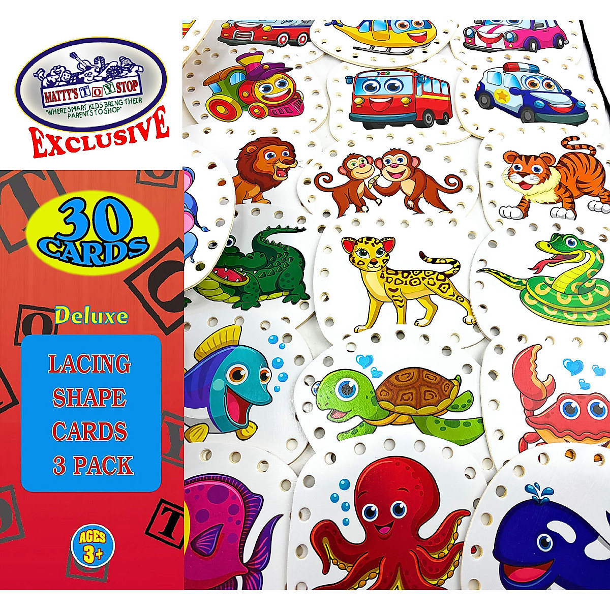 Matty's Toy Stop Deluxe Lacing Shapes (10 Count) Vehicles, Fish & Jungle Animals Educational Gift Set Bundle - 3 Pack (30 Shapes Total)