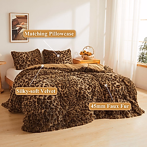 XeGe Cheetah Print Fluffy Faux Fur Duvet Cover Set, 3 Pieces Soft Plush Shaggy Fuzzy Bedding Set(1 Faux Fur Leopard Print Comforter Cover + 2 Furry Pillowcases), Zipper Closure(Queen, Brown)