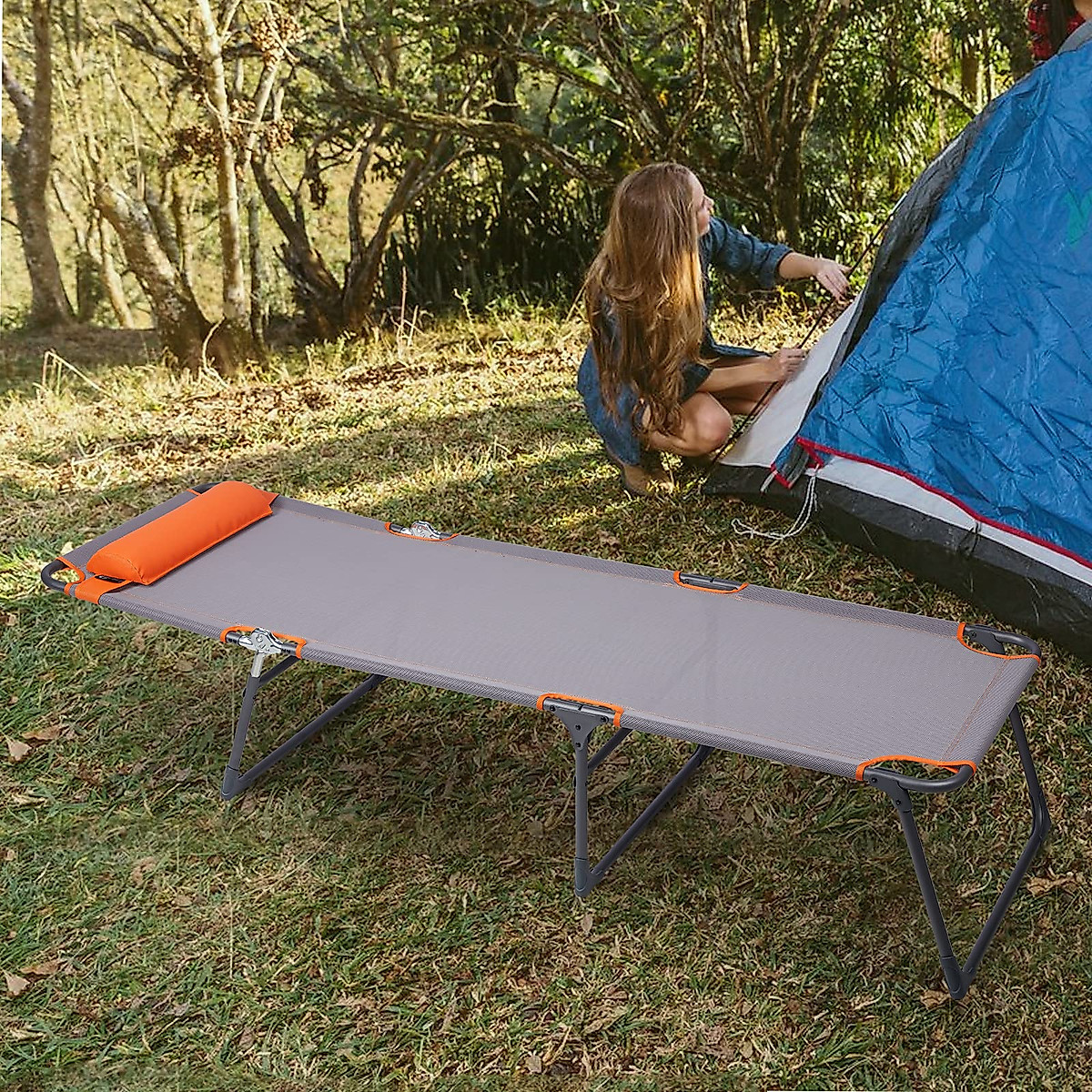 PORTAL Adjustable Portable Cot for Adults, Folding Chair, 4-Position Recliner with 250lbs Weight Capacity Lounger, Travel, Camping, Beach, Grey, Orange