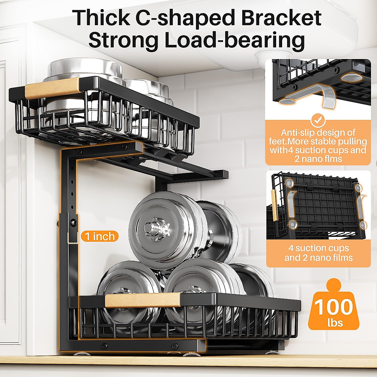 PXRACK 2 PACK Under Sink Organizer,Adjustable Height,2 Tier Pull Out Under Cabinet Organizer,Thickened Metal Shelf,Slide Out Under Sink Storage for Kitchen Bathroom Cabinet Laundry