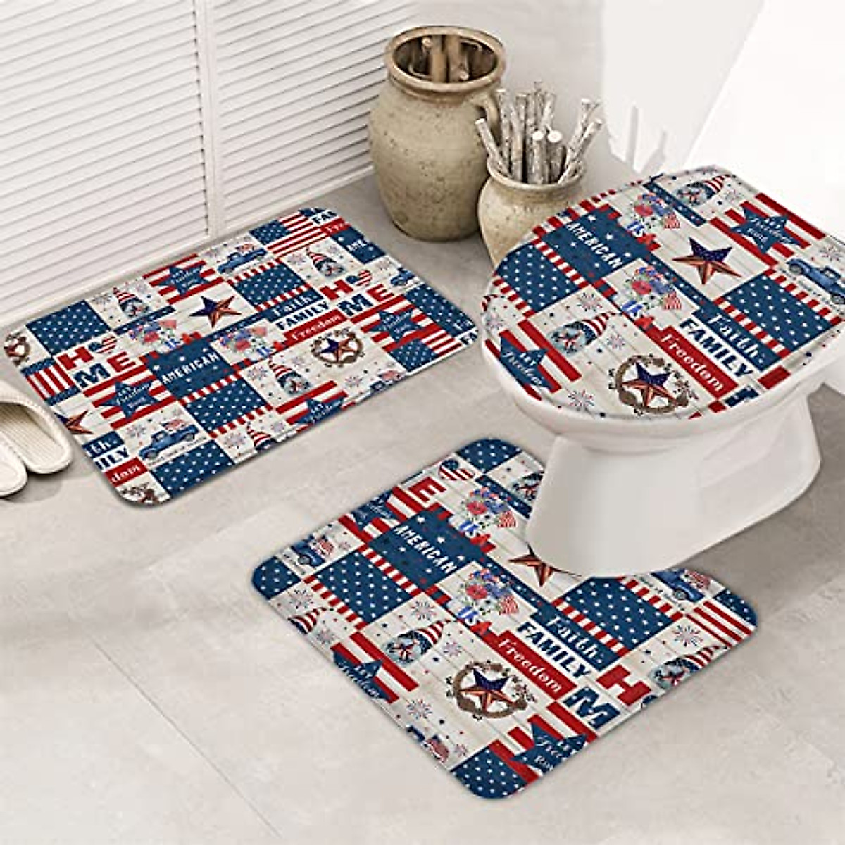 Independence Day 3 Piece Bath Rugs Sets American Flag Patriotic Star 4th of July American Holiday Bathroom Mats Blue Red White Stripes Gnome Non Slip Absorbent U-Shaped Contour Toilet Lid Cover