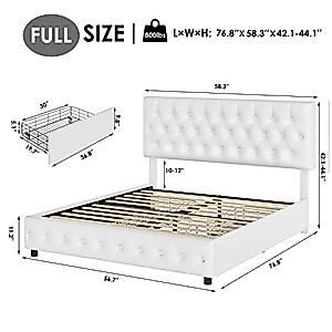 Keyluv Modern Upholstered Bed Frame with 4 Drawers, Button Tufted Headboard Design, Solid Wooden Slat Support, Easy Assembly, Full Size, White