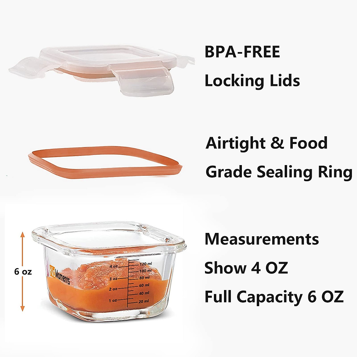 KidMoments 6 oz Set of 12 Glass Baby Food Jars, Glass Containers with Airtight Lids for Toddler, Reusable Leakproof Baby Bullet Jars with Small Size, Oven, Freezer, Microwave & Dishwasher Safe